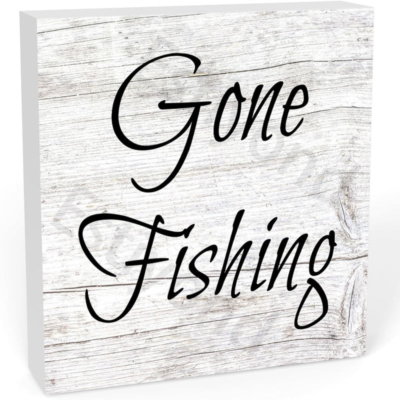 Wood Box Sign Desk Decor,Rustic Gone Fishing Wooden Block Plaque Sign ...
