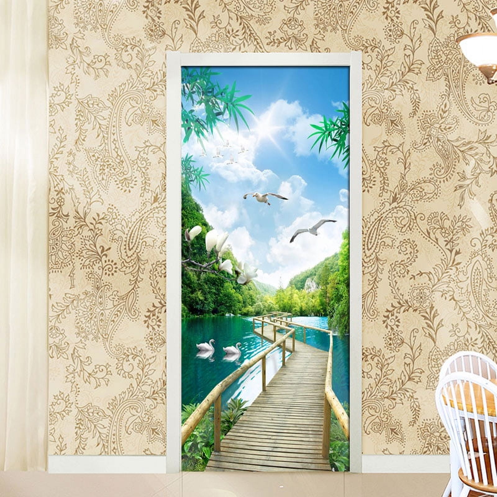 Wood Bridge Nature Landscape 3D Mural PVC Door Sticker Living Room ...