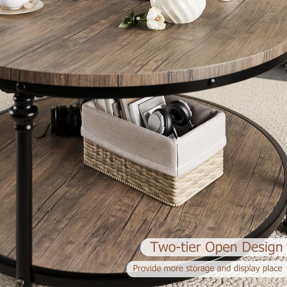 Wood Brown Wood 1 Round Coffee Table with Storage Shelf Wood Circle ...