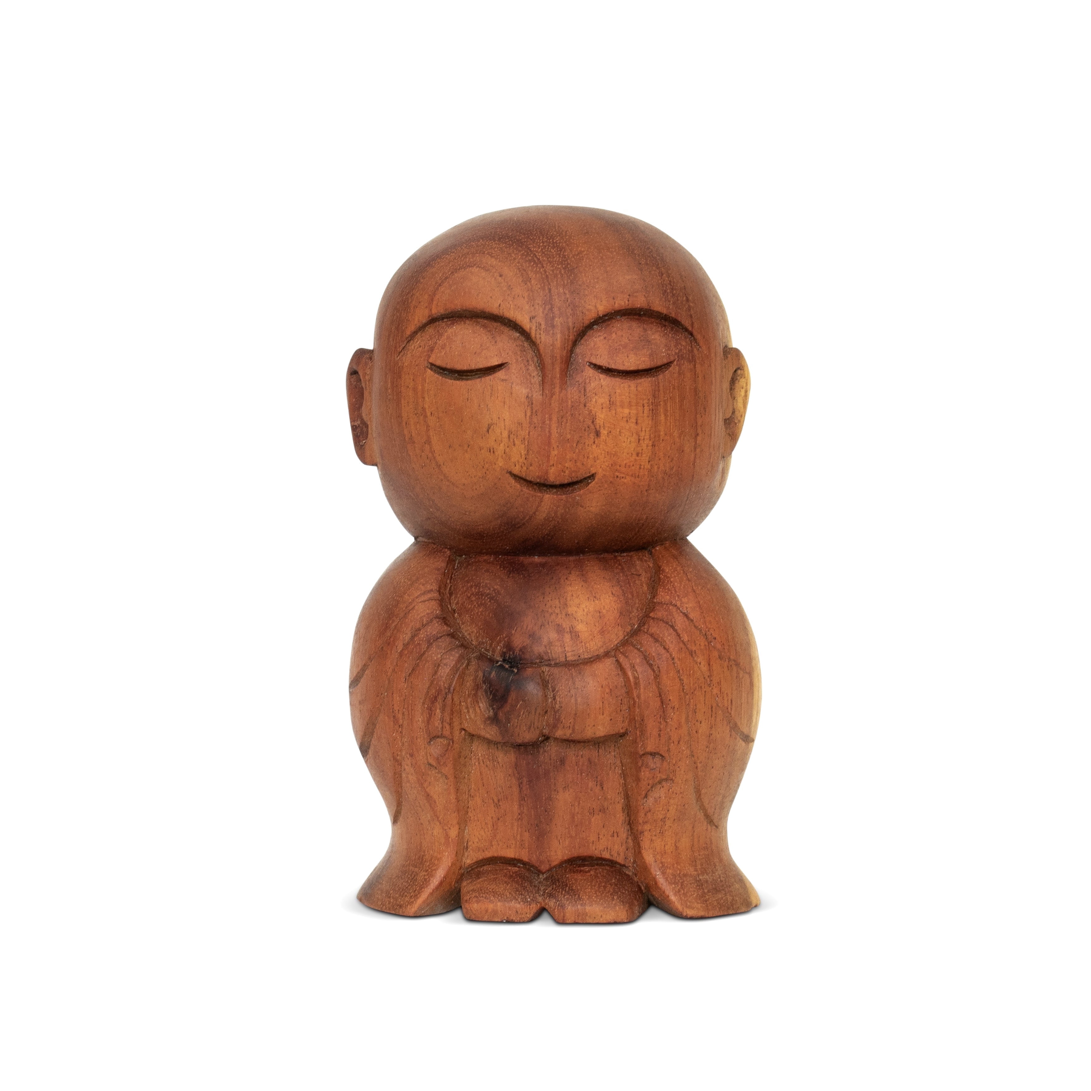 Wood Buddha Monk Figurine – Hand Carved Smiling Zen Sculpture, Peaceful ...