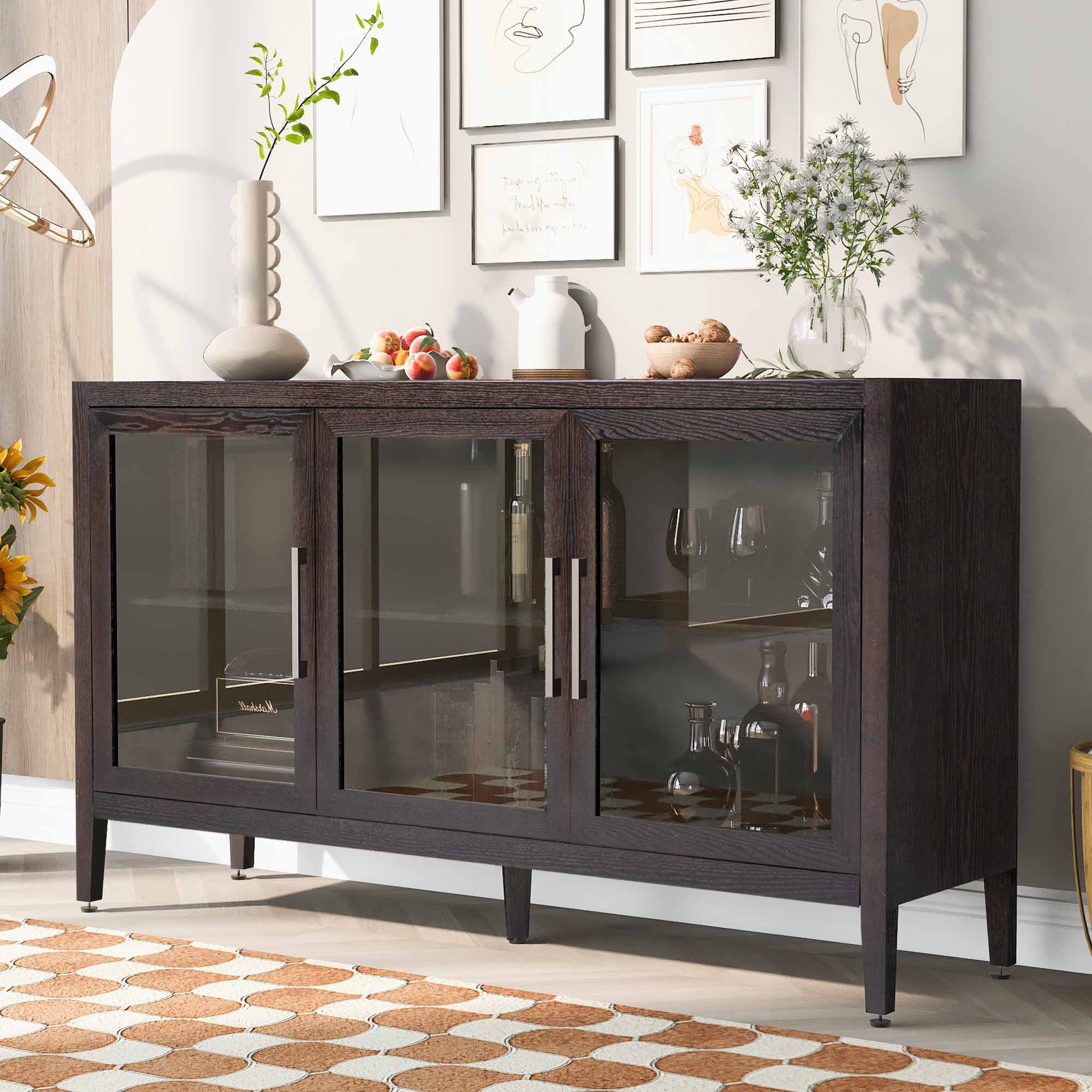Wood Buffet Cabinet with Three Tempered Glass Doors and Adjustable ...