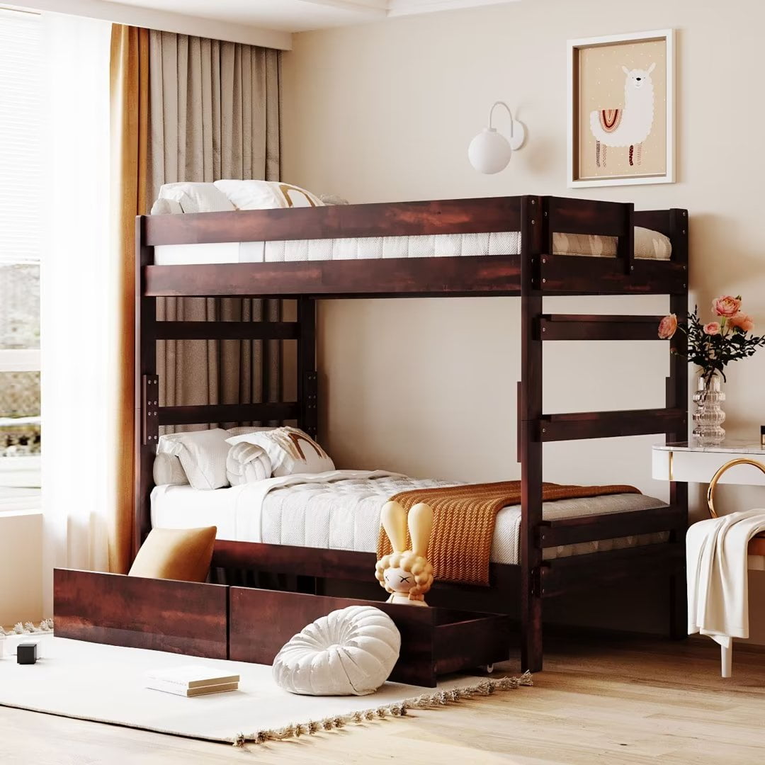 Wood Bunk Bed, Twin Over Twin Bunk Beds with 2 Storage Drawers, Wood ...