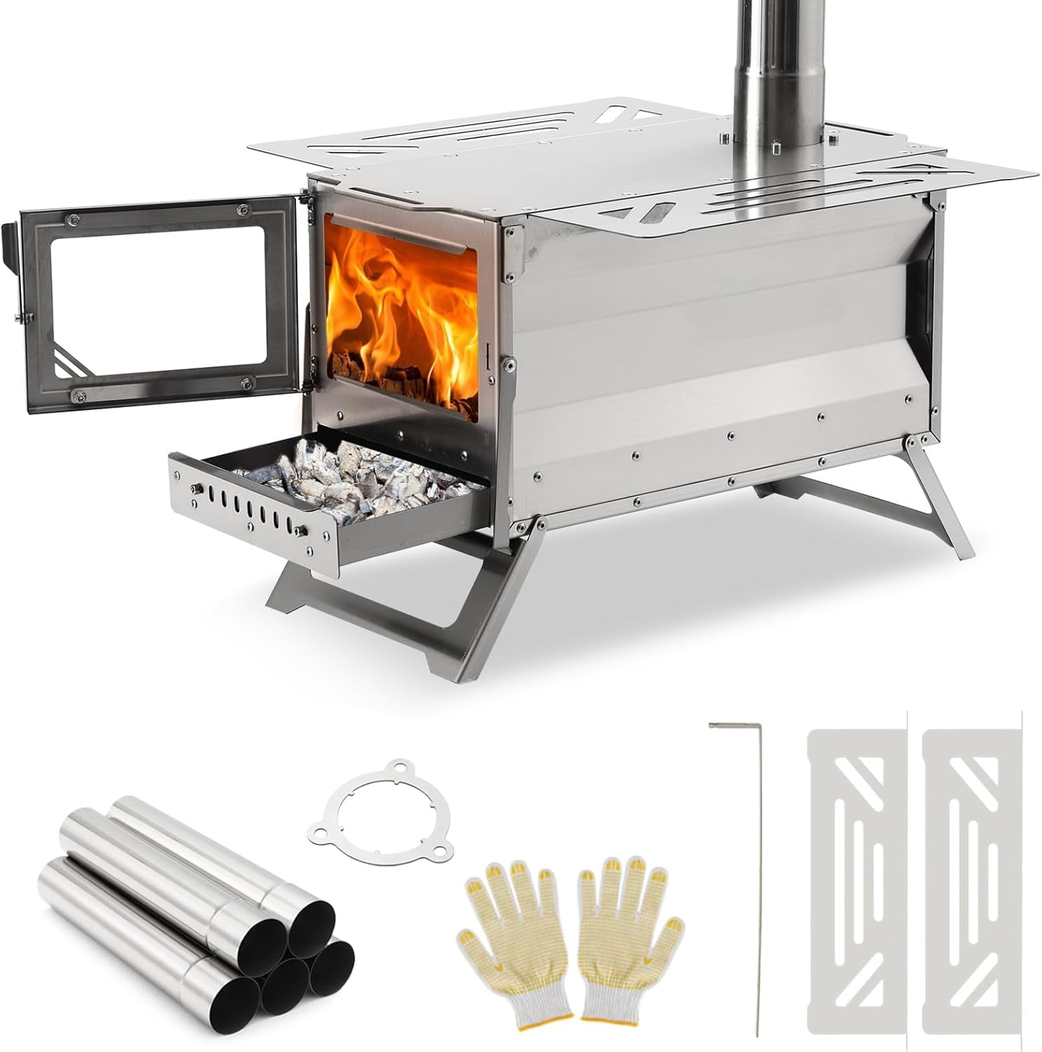 Wood Burning Stove with Chimney Pipes, Portable Camping Stove Folding ...