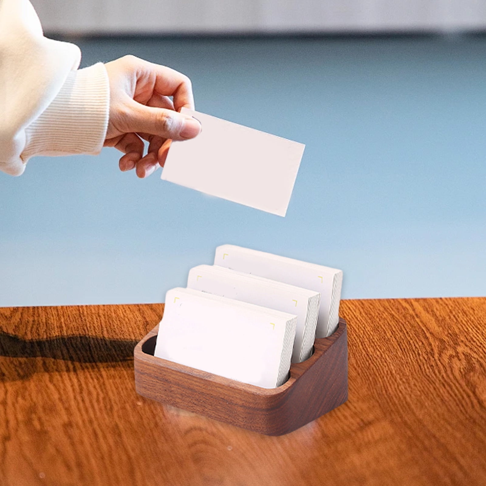 Wood Business Card Holder for Desk, 3 Slots Business Card Display Stand ...