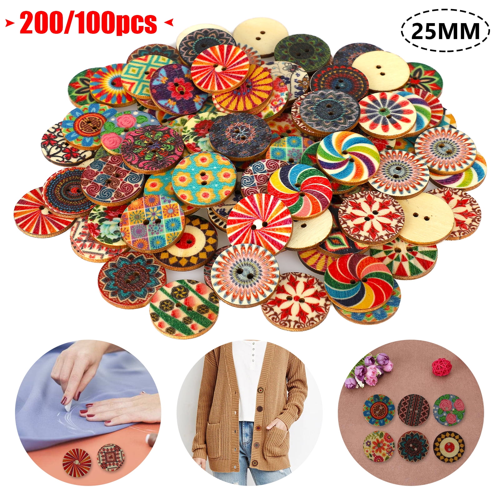 Wood Buttons, 100pcs Mixed Random Flower Painting Decorative Buttons, 2 ...