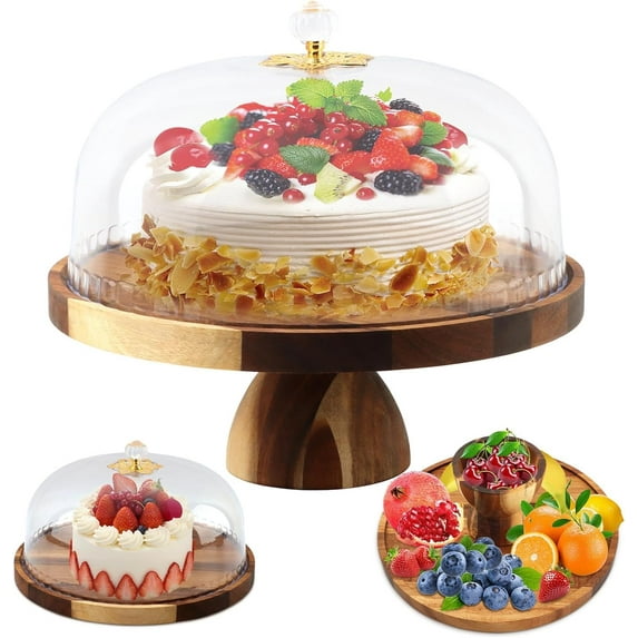 Wood Cake Stand with Dome and Acrylic Lid 12 inch Round Cake Holder 2 ...