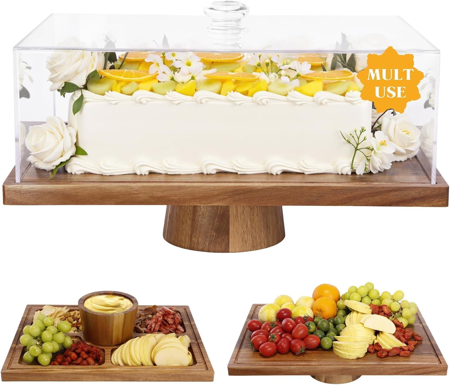 Wood Cake Stand with Lid - 17" Rectangular 2-in-1 Serving Board ...