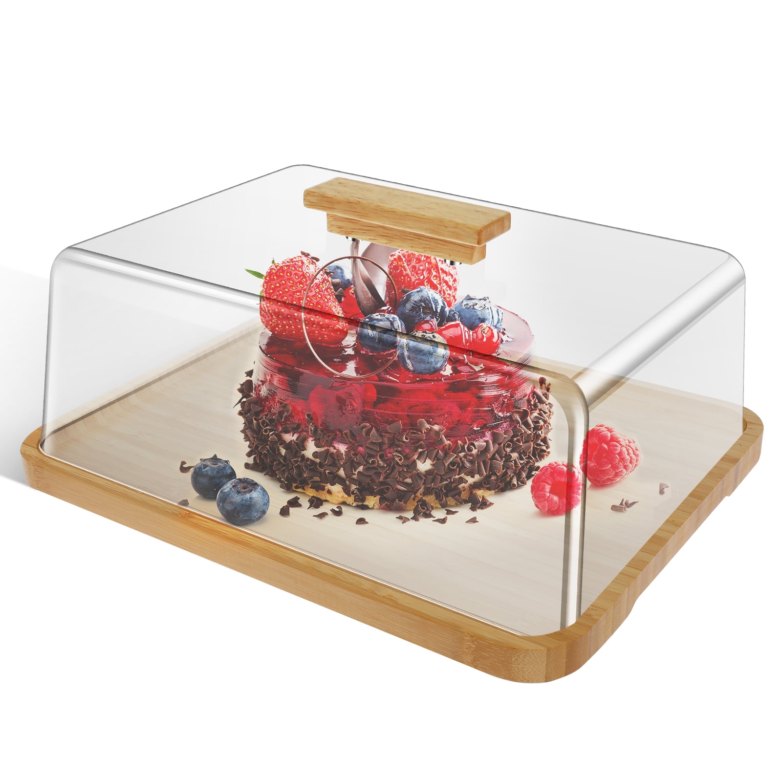 Wood Cake Stand Transparent Cake Tray with Dust Cover Rectangular Tray ...