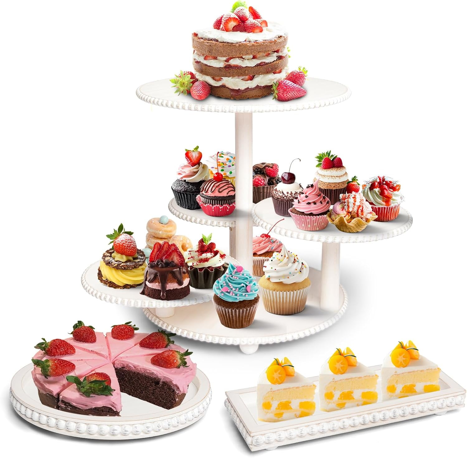 Wood Cake Stands Set of 3, 4 Tier Serving Tray Cupcake Stand, Beaded ...