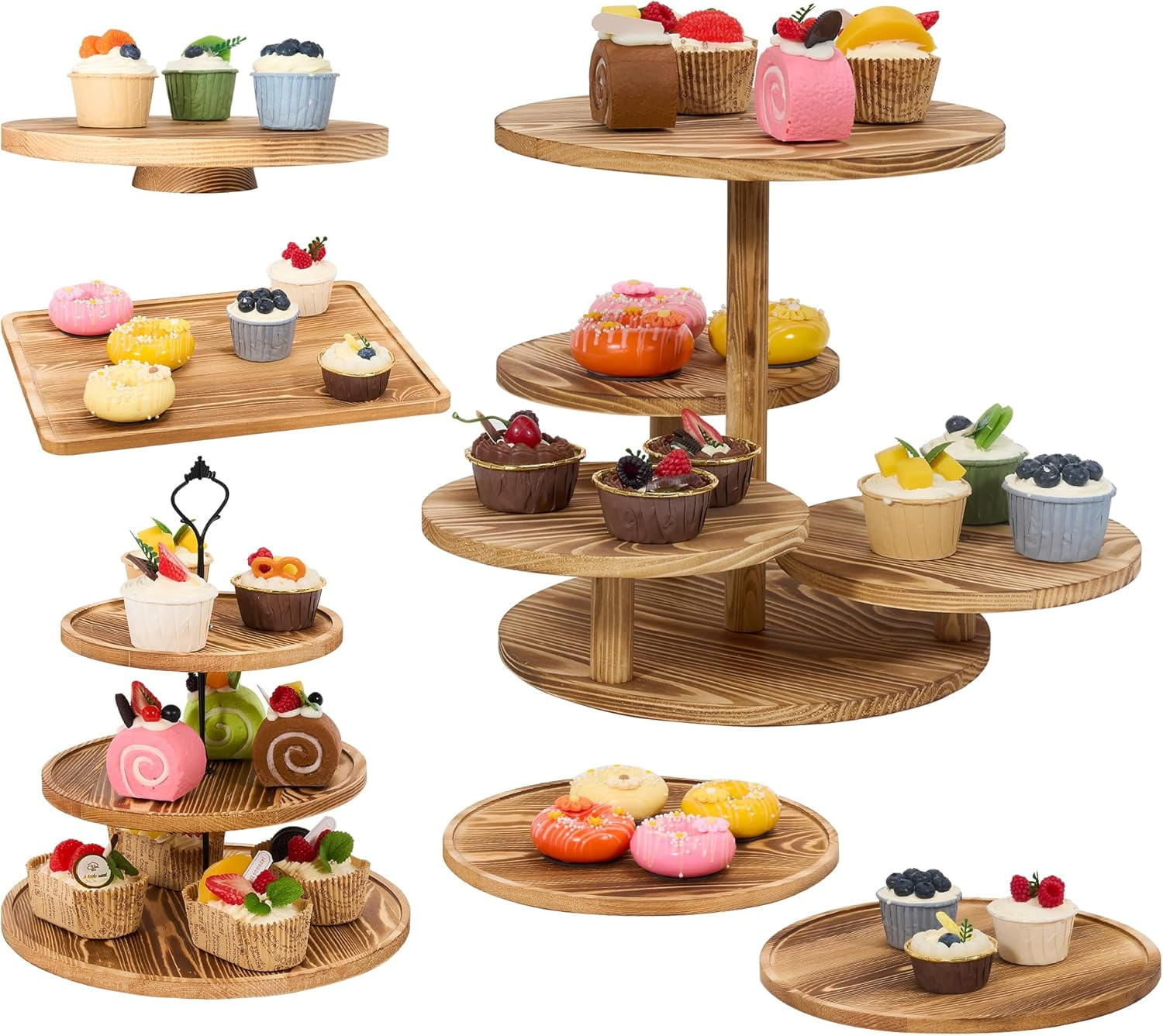 Wood Cake Stands Set of 6, Tier Serving Tray Cupcake Stand, Farmhouse ...