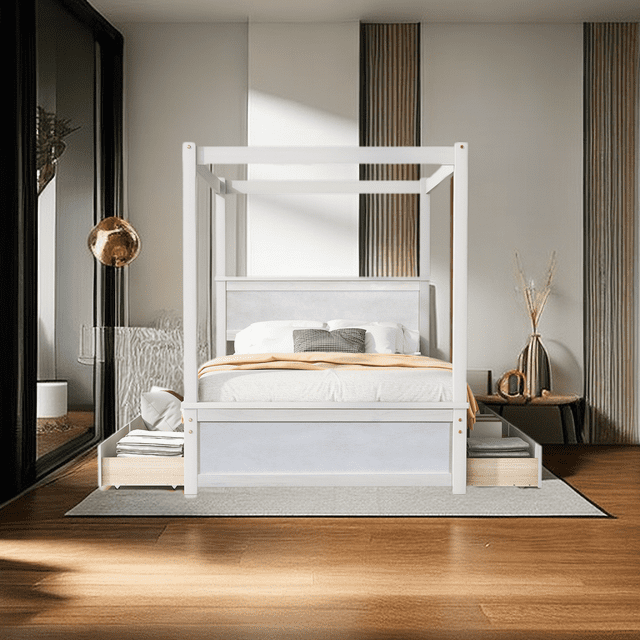 Wood Canopy Bed with Four Drawers,Full Size Canopy Platform Bed with ...