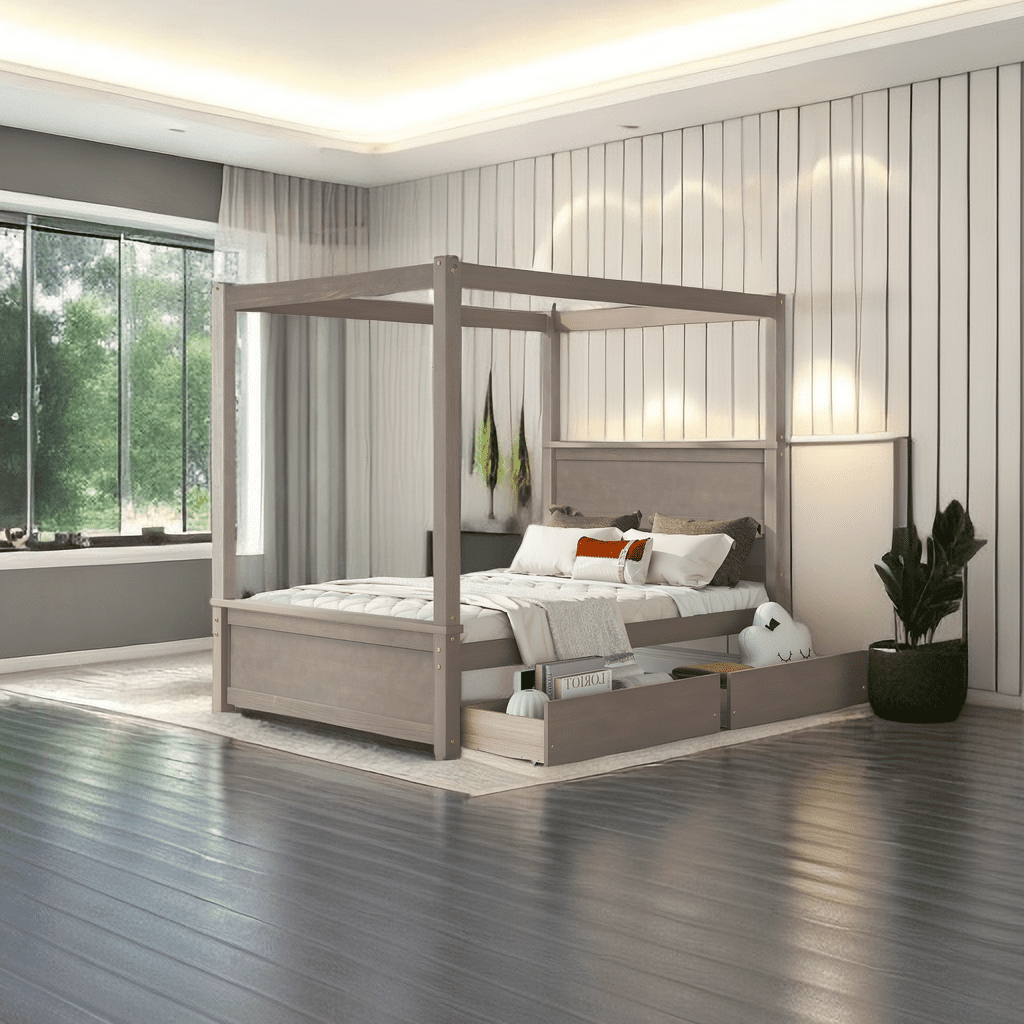 Wood Canopy Bed with Two Drawers, Full Size Canopy Platform Bed with ...