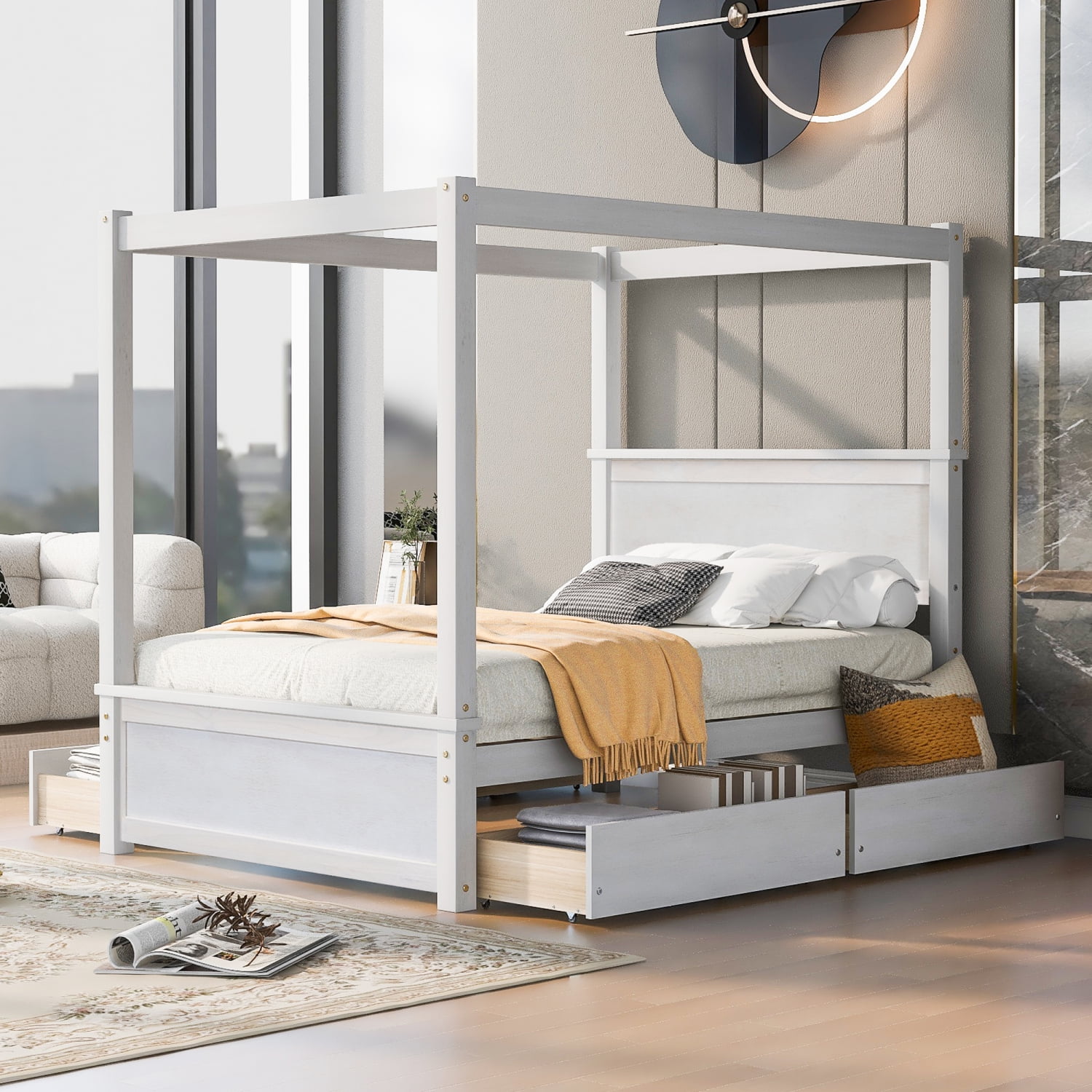 Wood Canopy Bed with four Drawers Full Size Canopy Platform Bed With ...