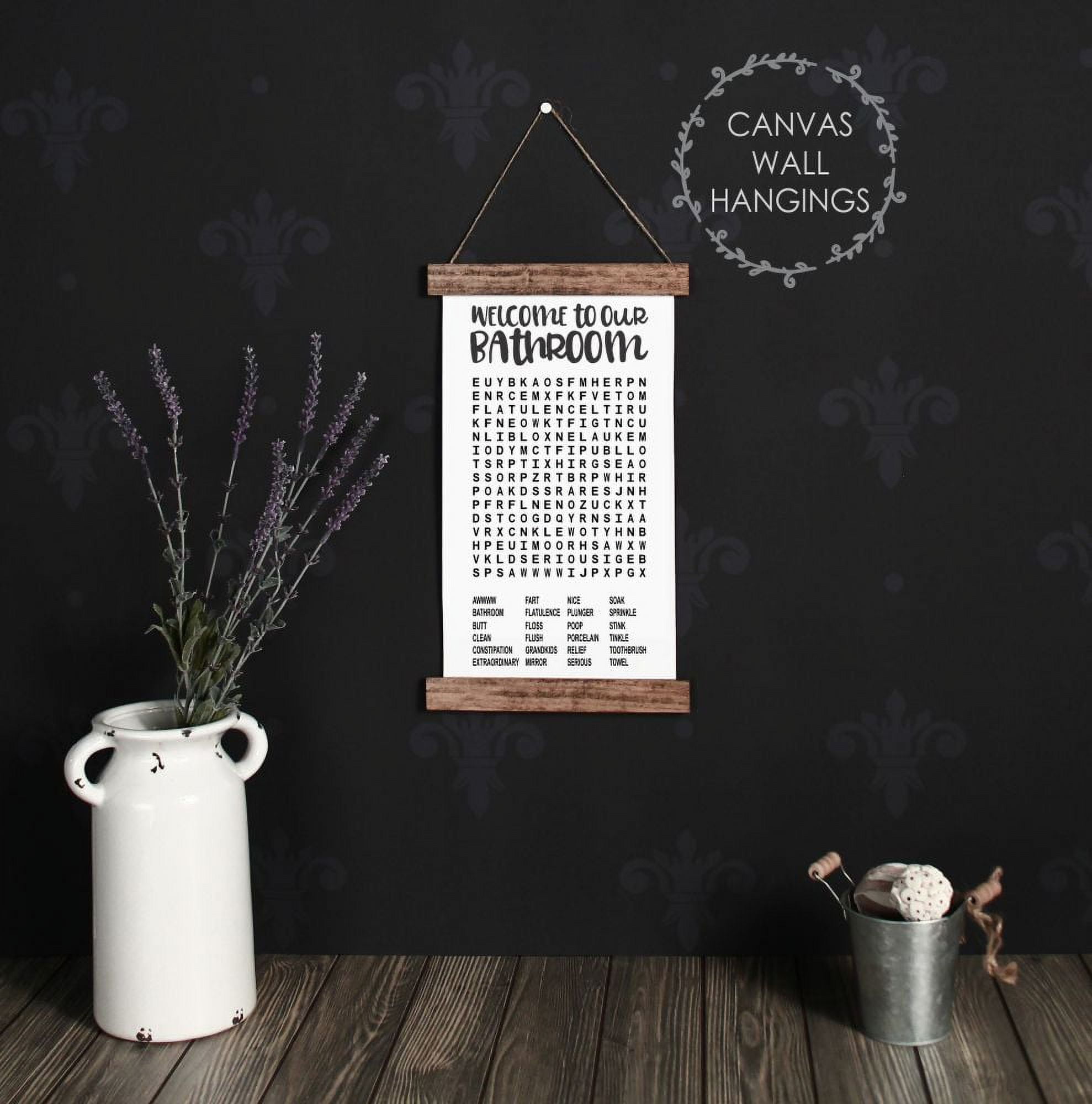 Wood, Canvas Sign Word Search Puzzle Wall Hanging Welcome Bathroom ...