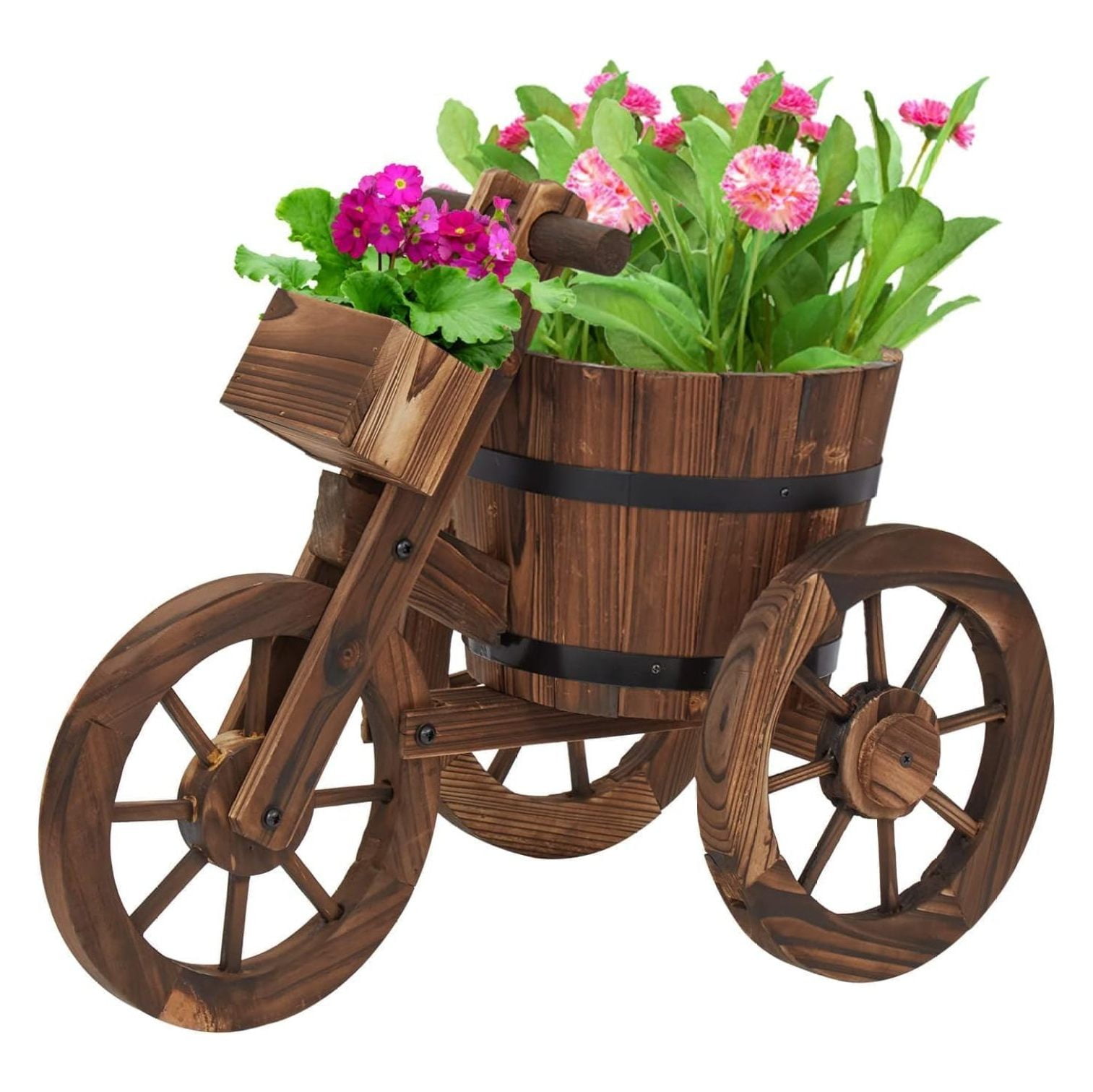 Wood Cart Garden Planter Pot w/3 Wheels Barrow Wagon Flower Barrel ...