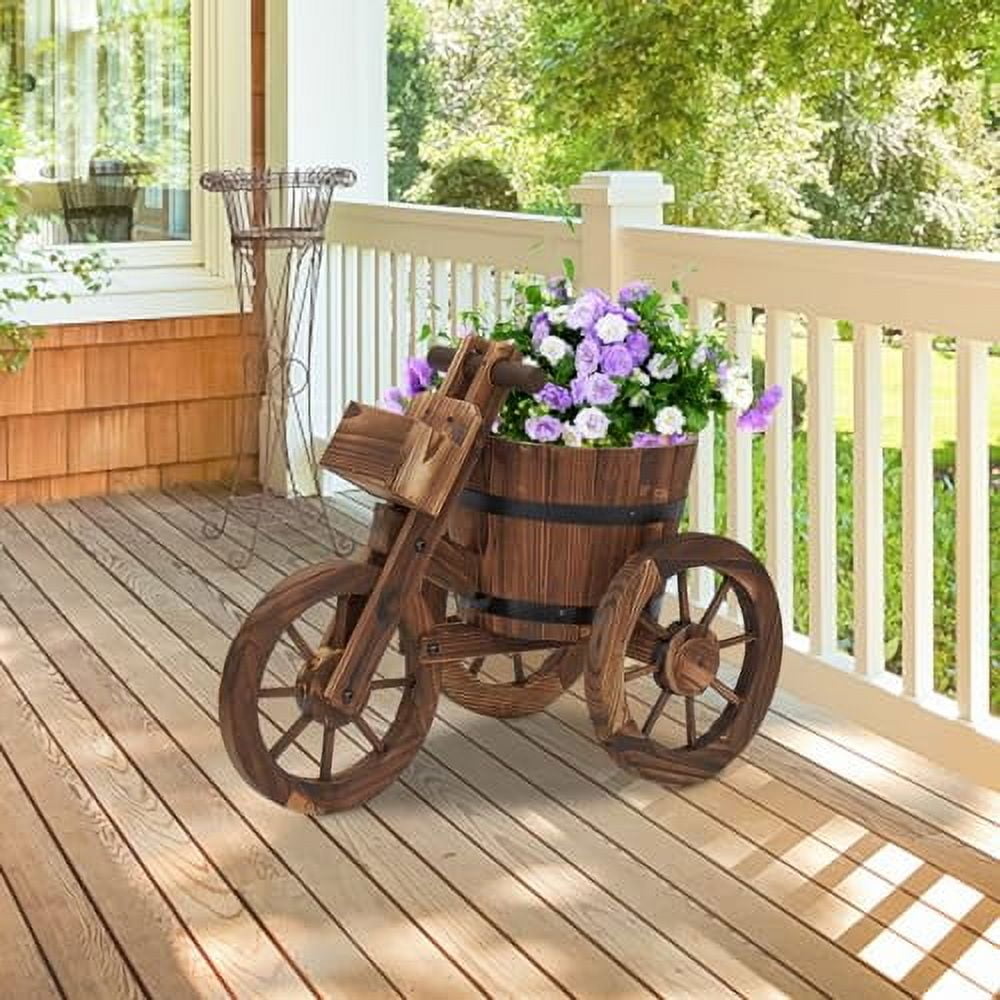 Wood Cart Garden Planter Pot w/3 Wheels Barrow Wagon Flower Barrel ...