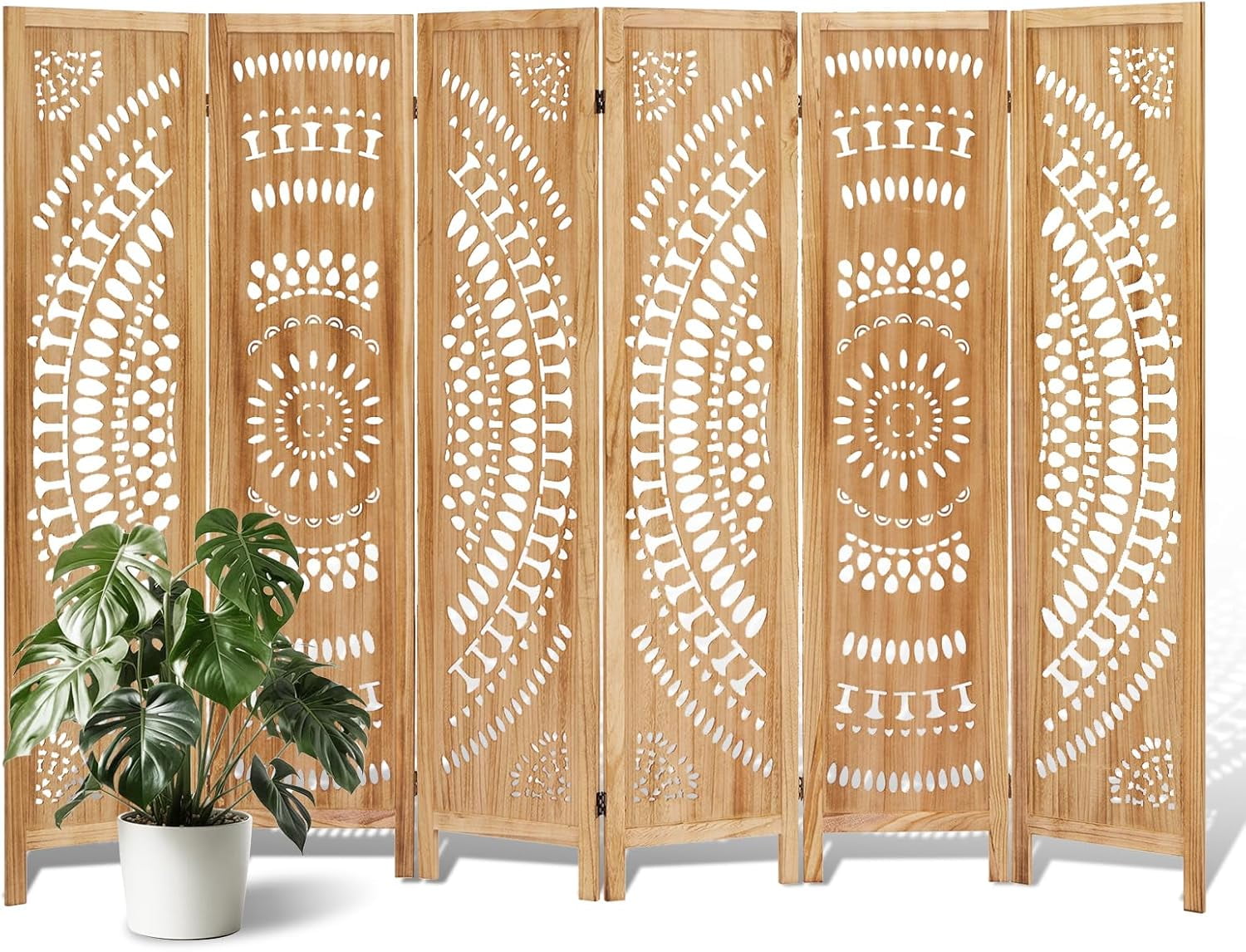 Wood Carved Folding Room Divider with Double Hinges, Portable Privacy ...