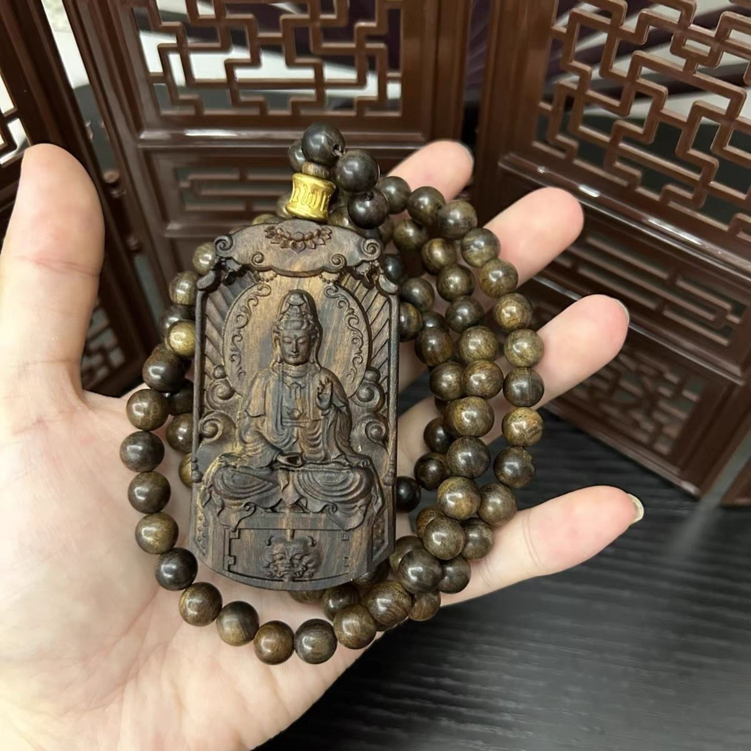 Wood Carved Lotus Guanyin Pendant with Six Character Mantra Buddhist ...