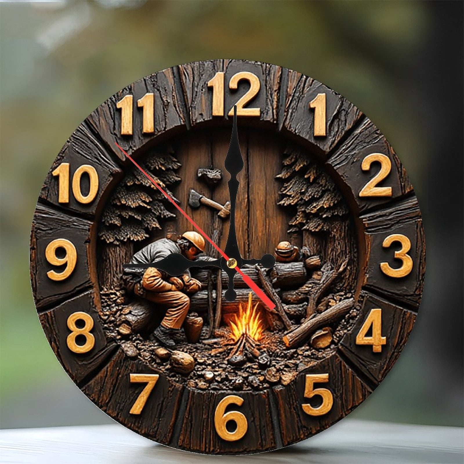 Wood Carving Campfire Clock Wall Decor 10-Inch Silent Wooden Wall Clock ...