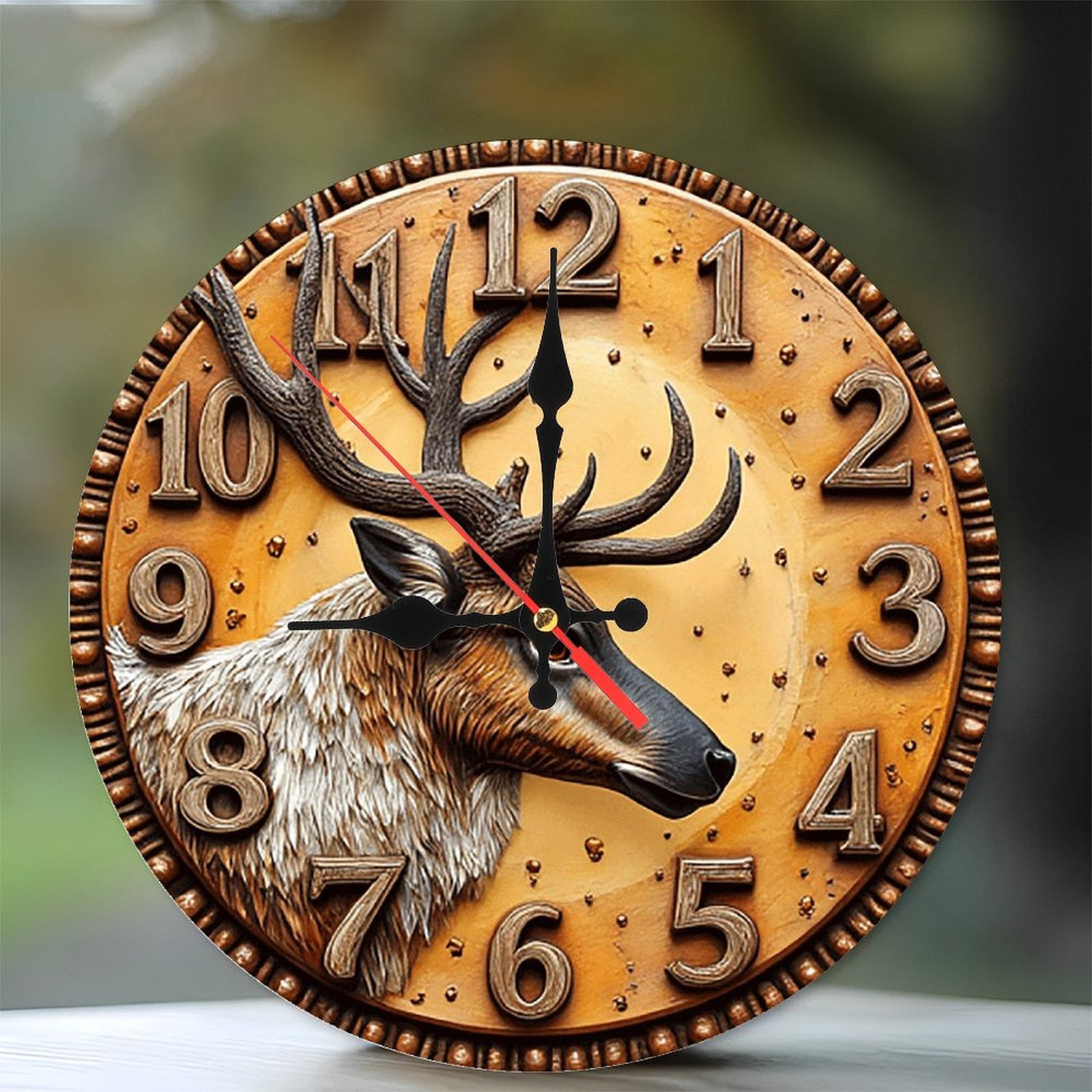 Wood Carving Elk Head Wall Clock Rustic Decor 12-Inch Silent Wooden ...