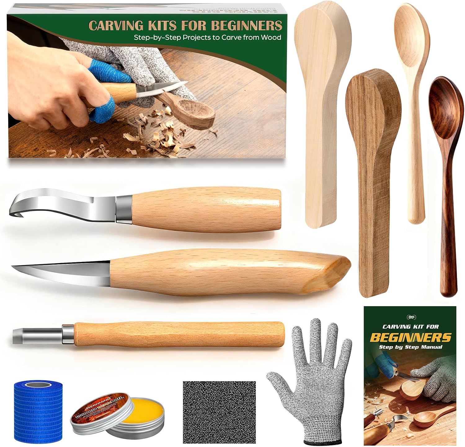 Wood Carving Kit for Beginners, Wood Spoon Carving Kit with Cut ...