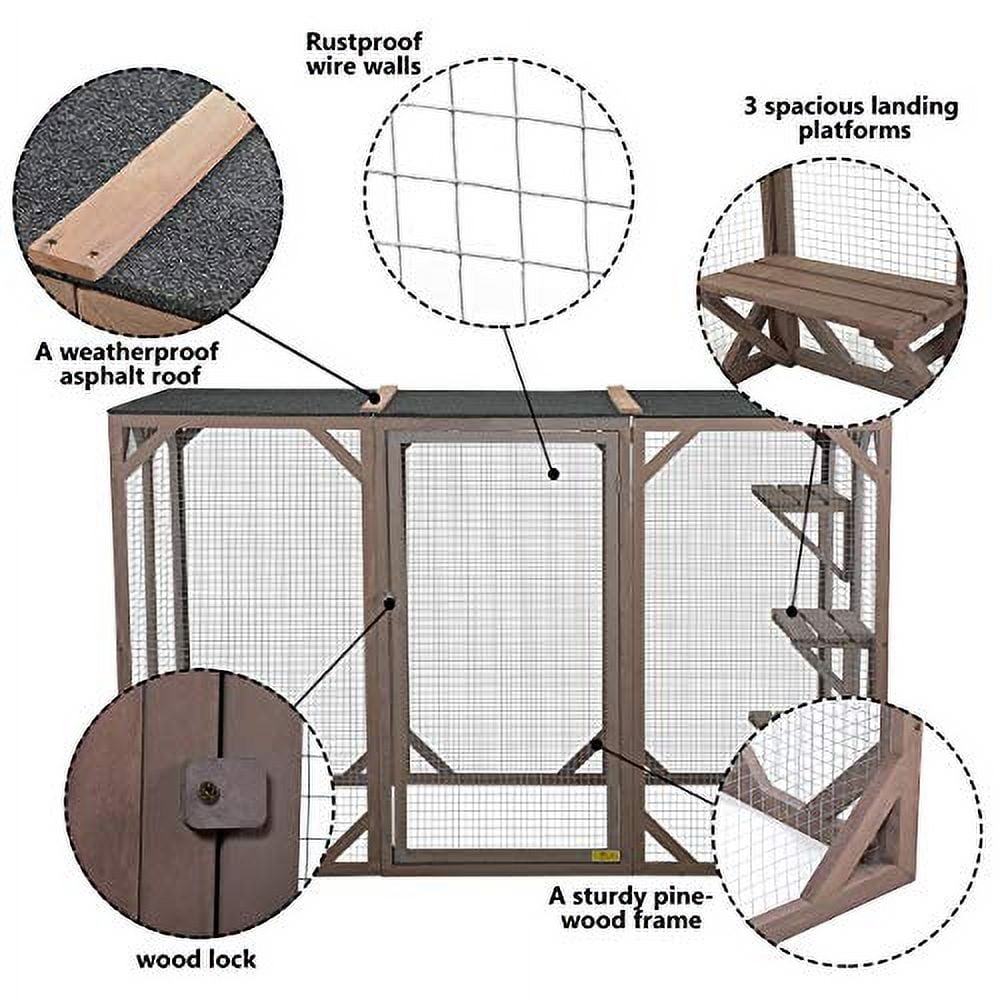 Wood Cat Enclosure Catio Cage Pet Playhouse Run House Cage with 3 ...