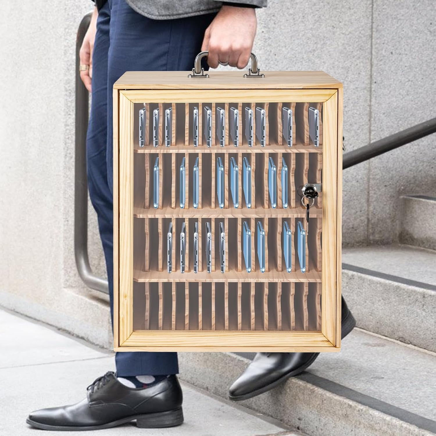 Wood Cell Phones Storage Cabinet with Lock 60 Slots Portable Office ...