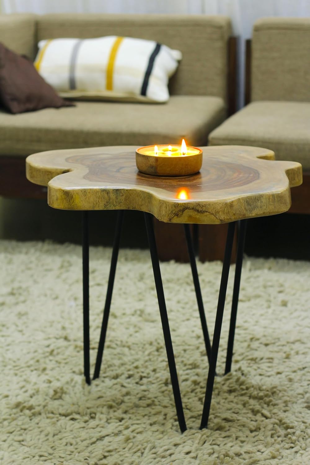 Wood Chop Natural Live Edge Side Table Sheesham Wood with Hairpin Legs ...