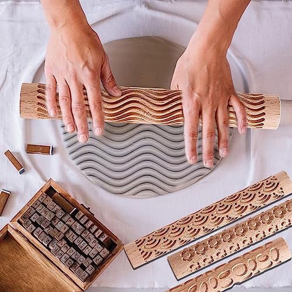 Wood Clay Pattern Roller Textured Rolling Pin Clay Modeling Pattern Rollers, 5.9inch Wooden ...