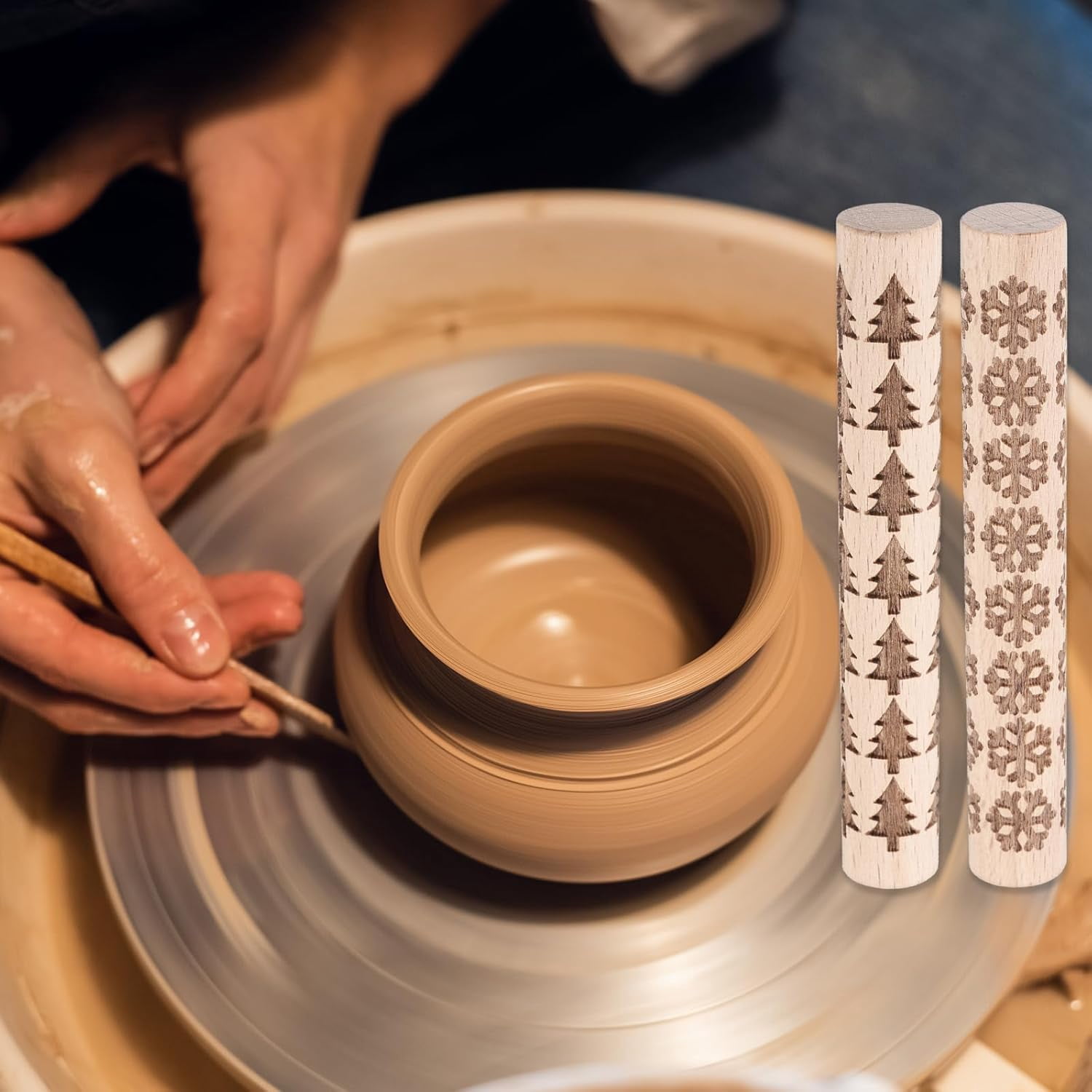 Wood Clay Roller Snowflake Pine Tree Pattern Rolling Pins Pottery Tools ...