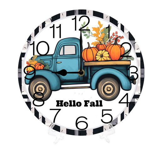 Wood Clocks Hello Fall Truck Pumpkin Battery Operated Silent Quartz ...
