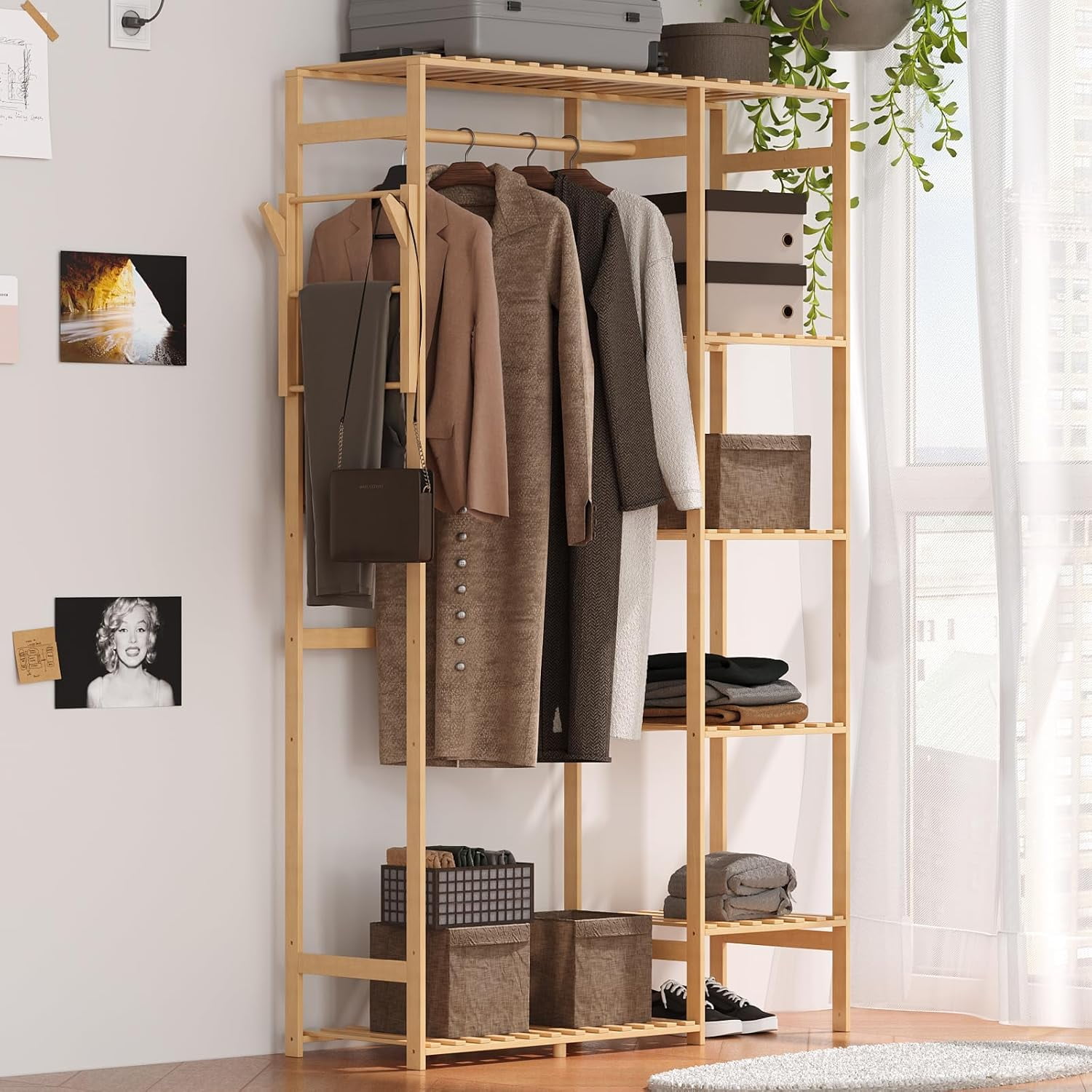 Wood Clothing Racks for Hanging Clothes with Shelves and Rods，Standing ...