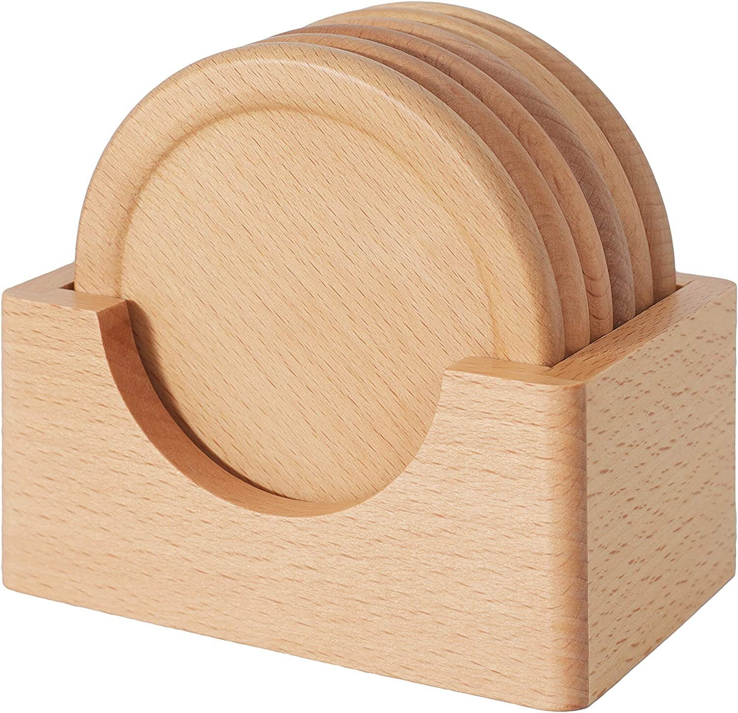 Wattne Round Wooden Coasters, Set of 6 with Holder, Beech Wood Groove ...