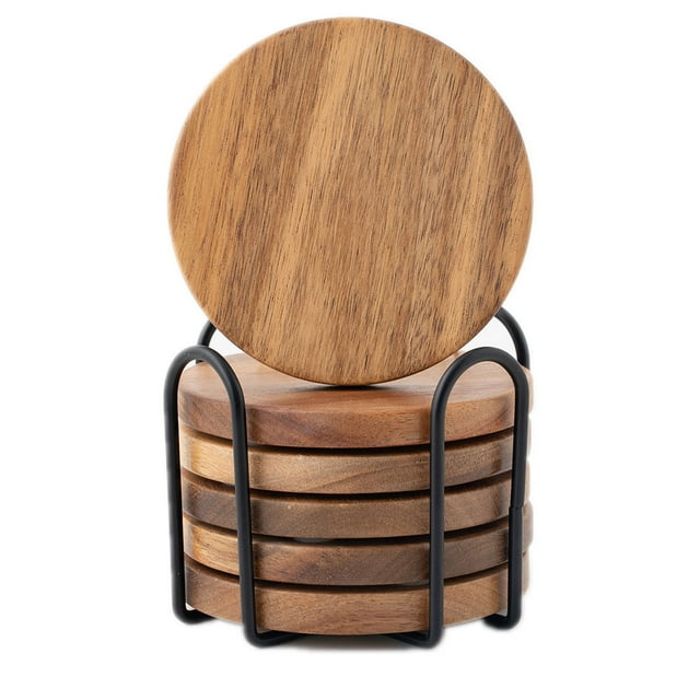 Wood Coasters for Drinks Tabletop Protection with Holder Set of 6 ...