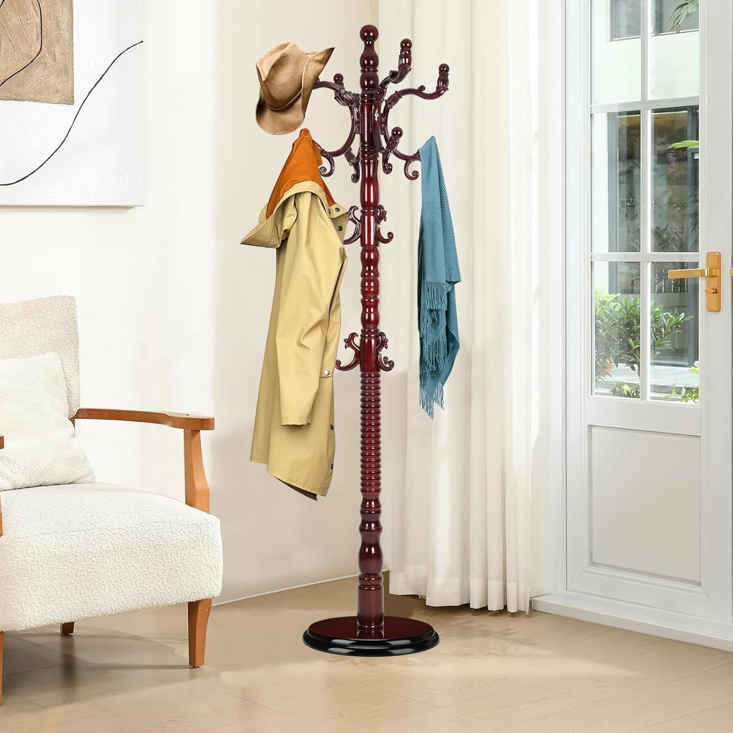 Wood Coat Rack Freestanding, Natural Coats Tree Stand with 14 Hooks, 73 ...