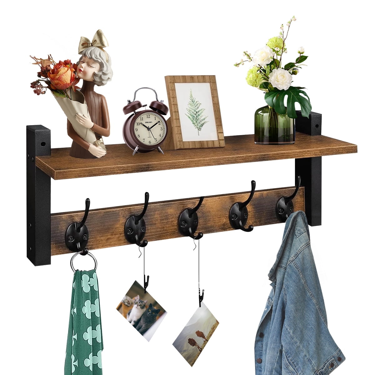 Wood Coat Rack with Shelf Wall-Mounted Entryway Hanging Shelf with 5 ...