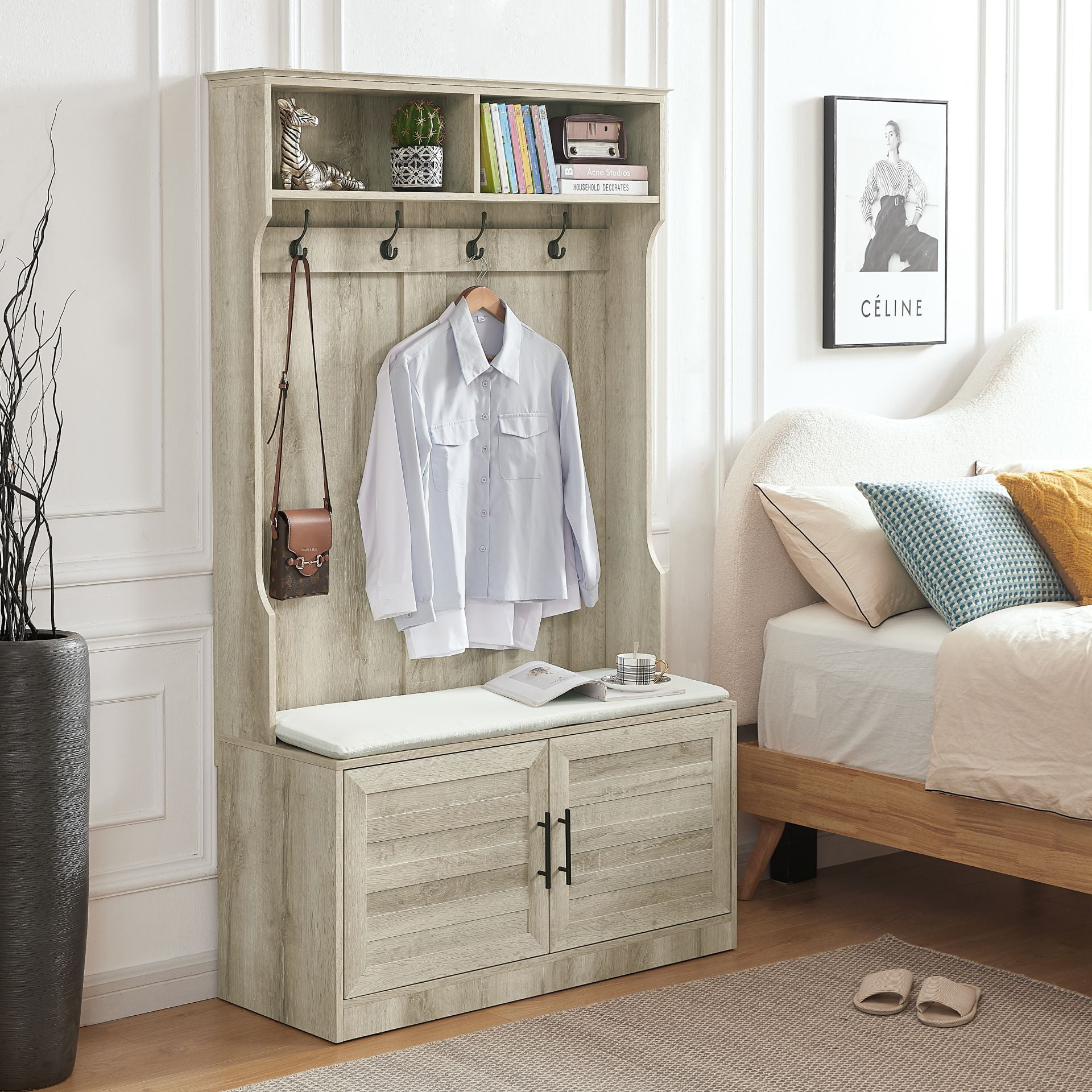 Wood Coat Rack, Storage Shoe Cabinet, with Clothes Hook, with Sponge ...