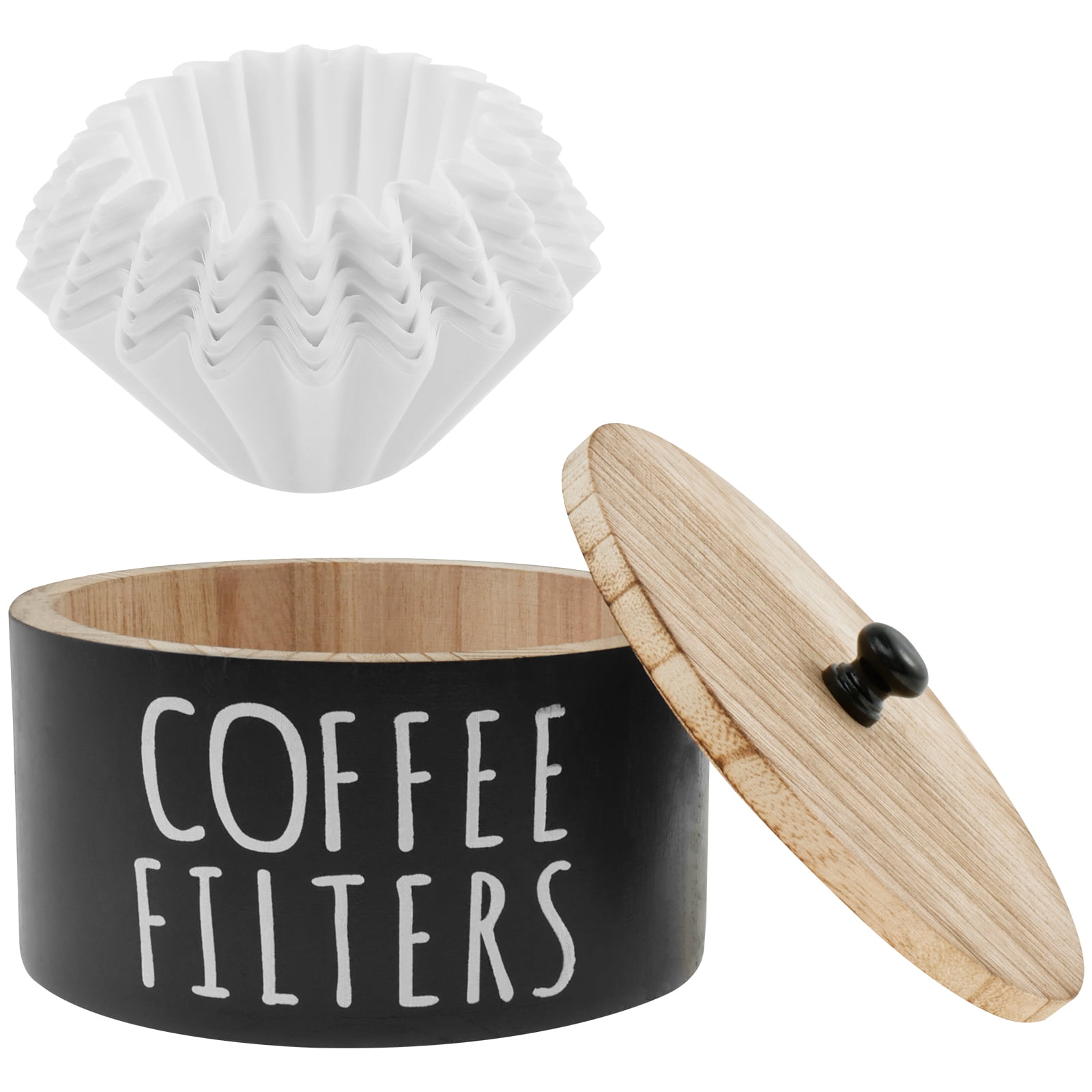 Wood Coffee Filter Holder with Lid and 50 Pcs Coffee Filters Round Pod ...