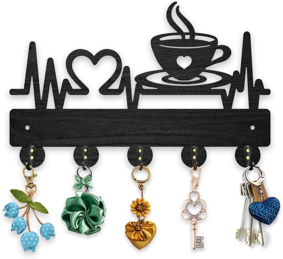 Wood Coffee Heartbeat Coat Rack Hot Coffee Heart Key Hangers for Wall ...