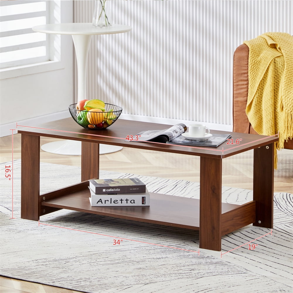 Wood Coffee Table with 2-Tier Open Storage Shelf, 435.4 Inch Mid ...