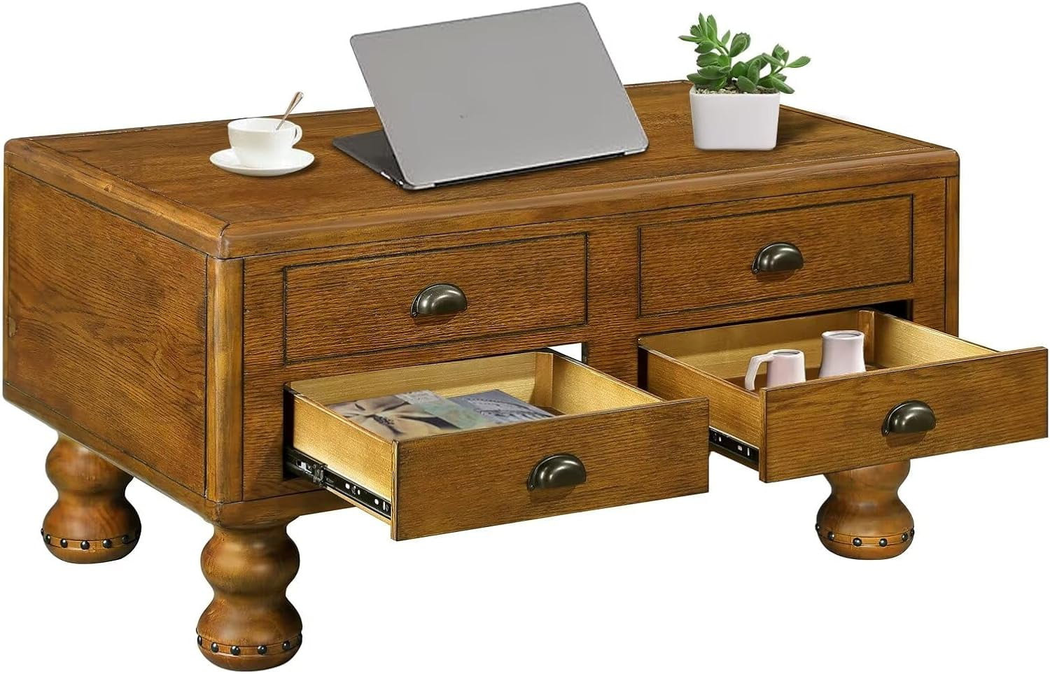 Wood Coffee Table with Storage Drawers, Vintage Rectangular Coffee Table for Living Room ...