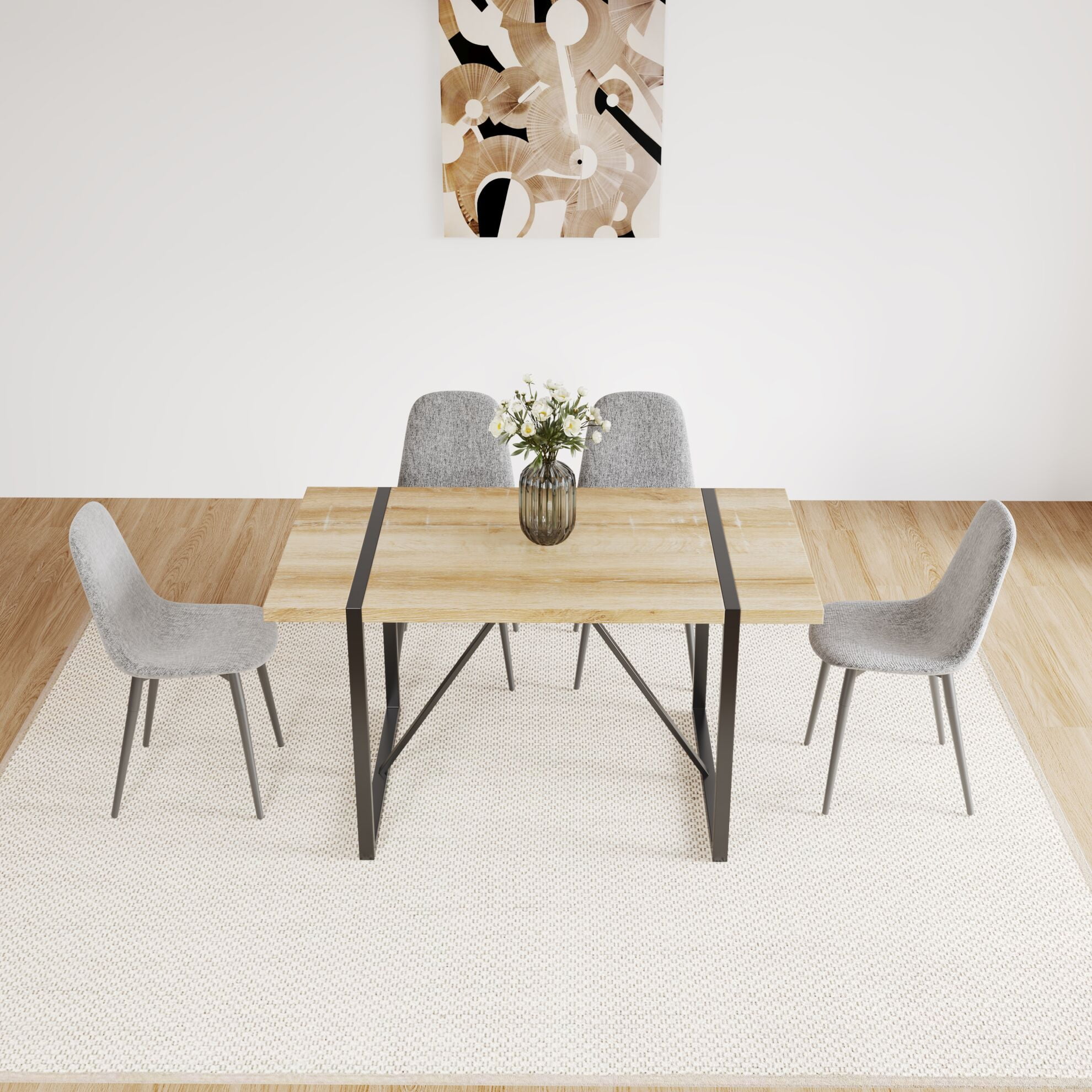 Wood Color Dining Table and Modern Dining Chairs Set of 4, Mid Century ...