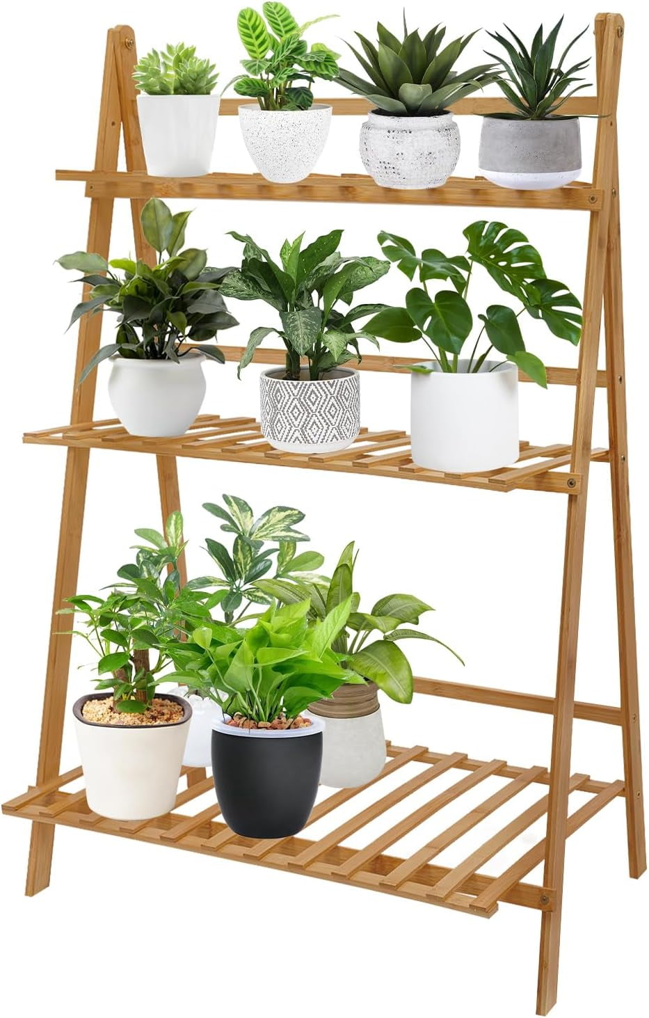Wood Color Folding Plant Stand, 3 Tier Wooden Foldable Plant Shelf ...