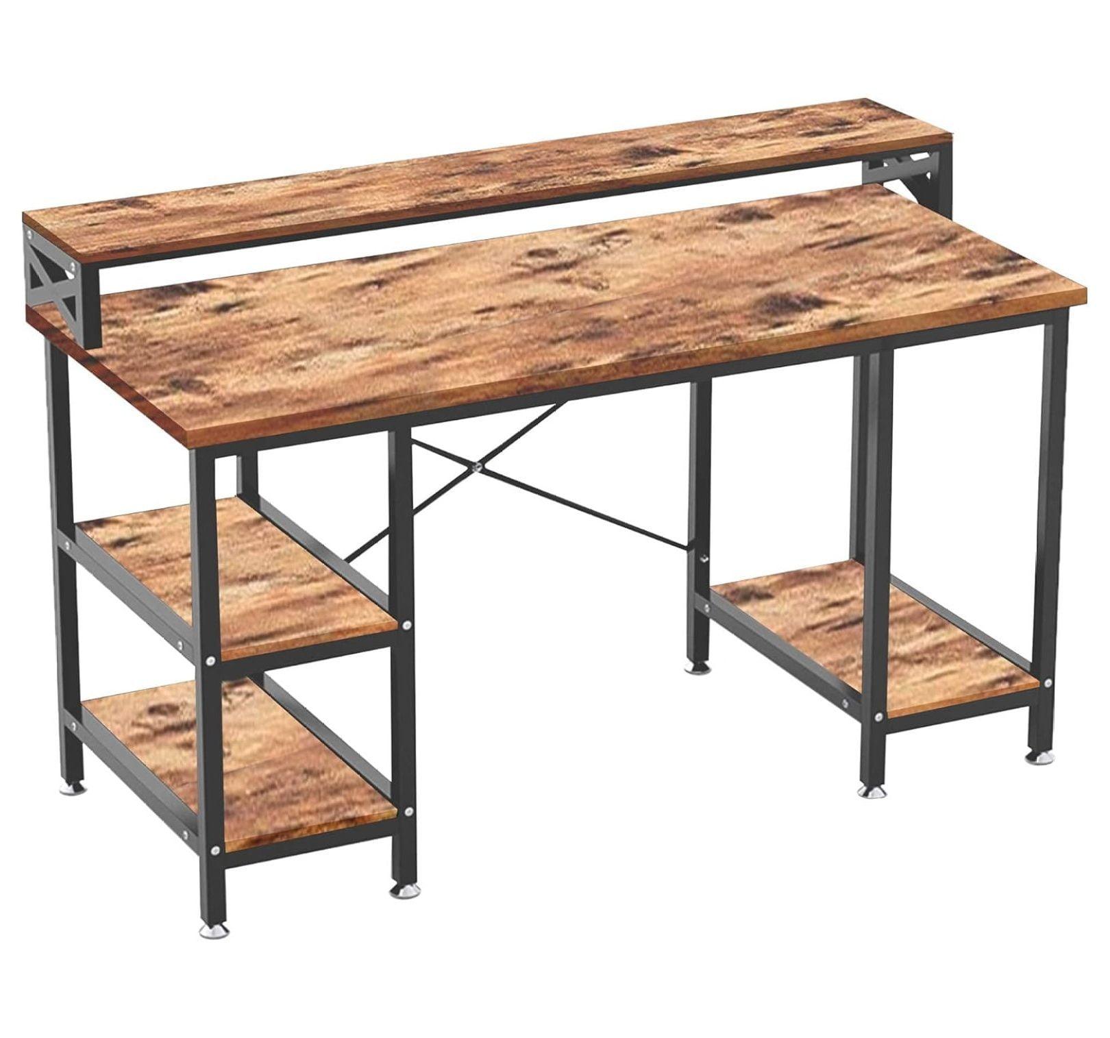 Wood Computer Desk with Monitor Shelf, 55 inch Industrial Studio Gaming ...