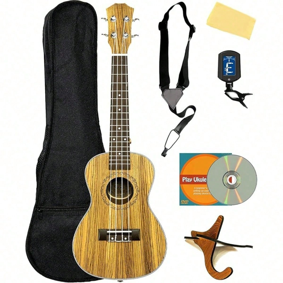 Wood Concert Ukulele Bundle with Gig Bag, Tuner, Stand, Strap, Austin ...
