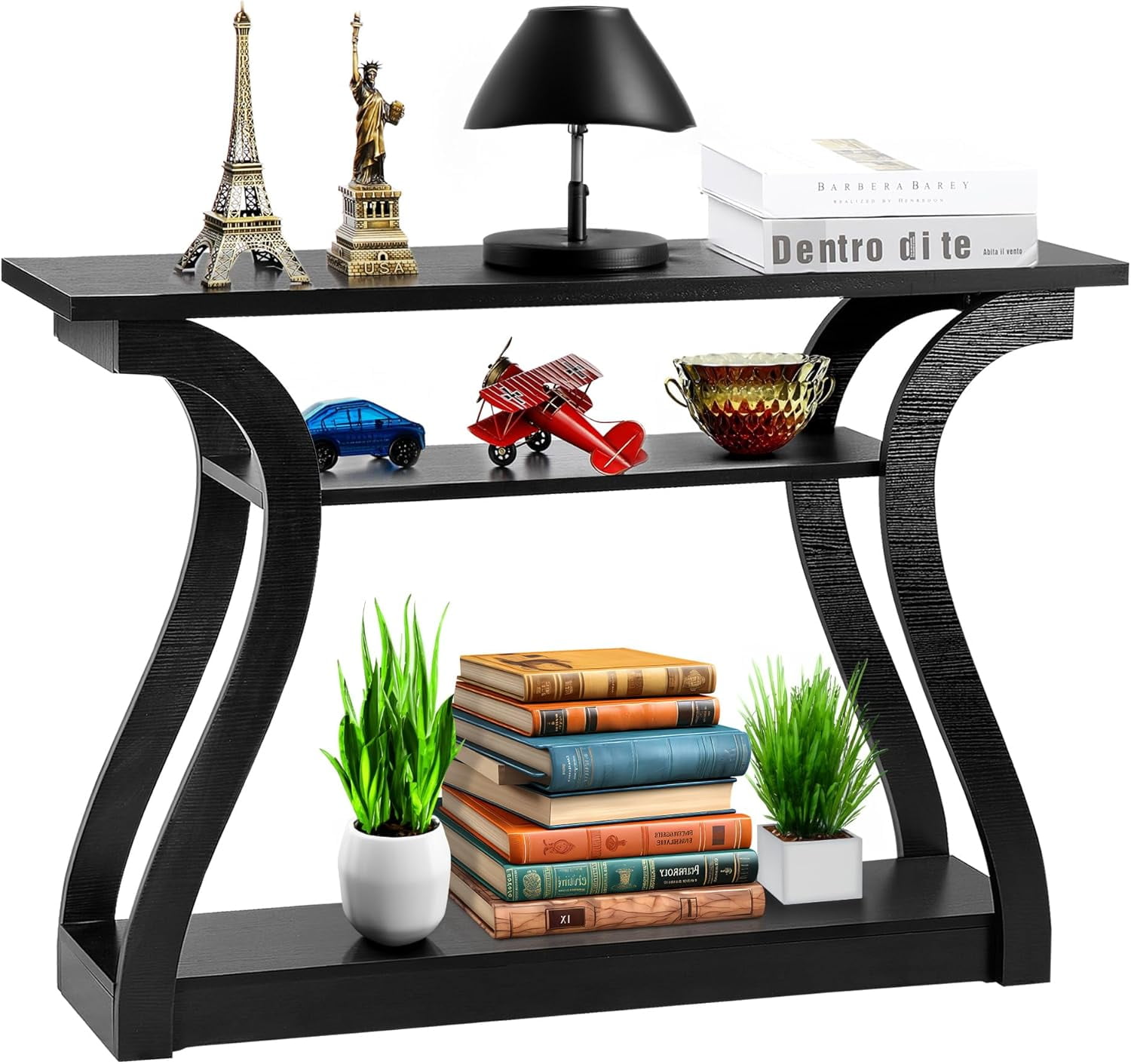 Wood Console Table 3 Tier Narrow Entryway Table with Curved Frame and 2 ...