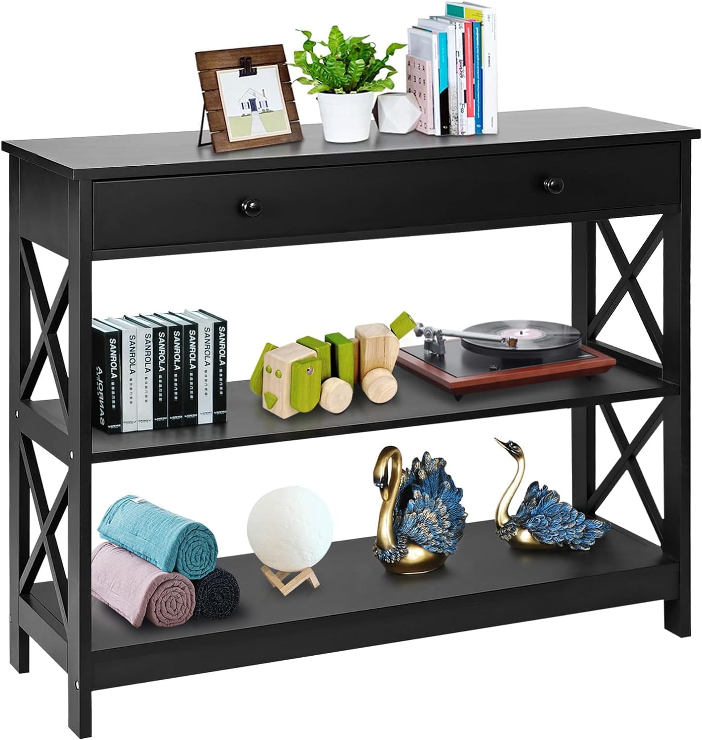 Wood Console Table 3 Tier Sofa Table with Drawer and Storage Shelves ...
