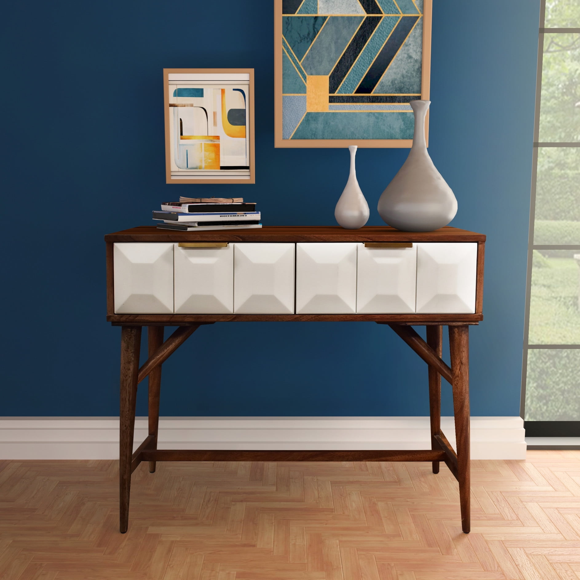 Wood Console Table In Dark Brown, With Secure Build And Noise- Drawer Movement Brown Shade, Made ...