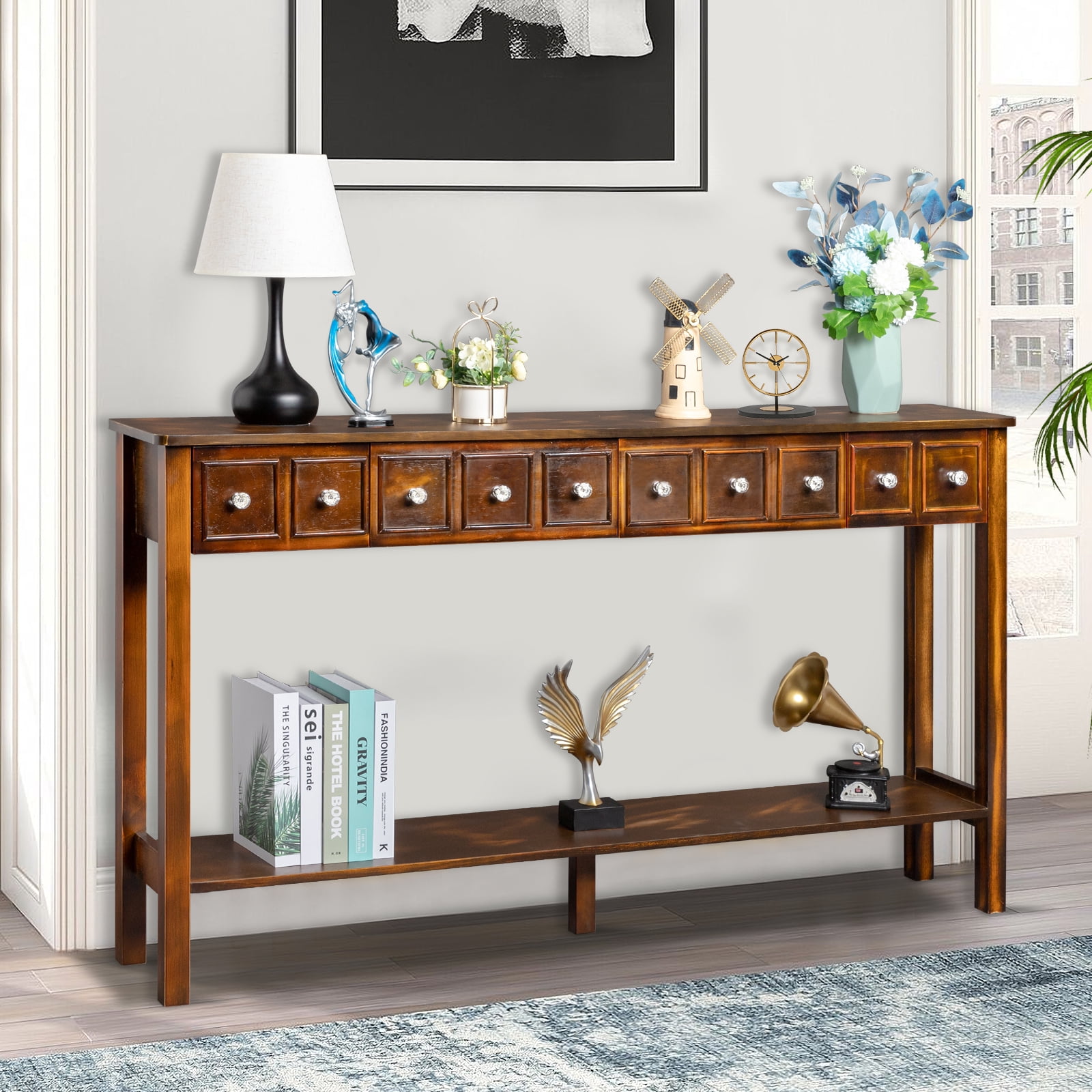 Wood Console Table, Sofa Table with 4 Drawers, Wood Buffet Sideboard ...