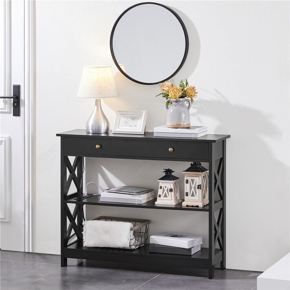 Wood Console Table with Outlet Entryway Table with Drawer & Storage ...